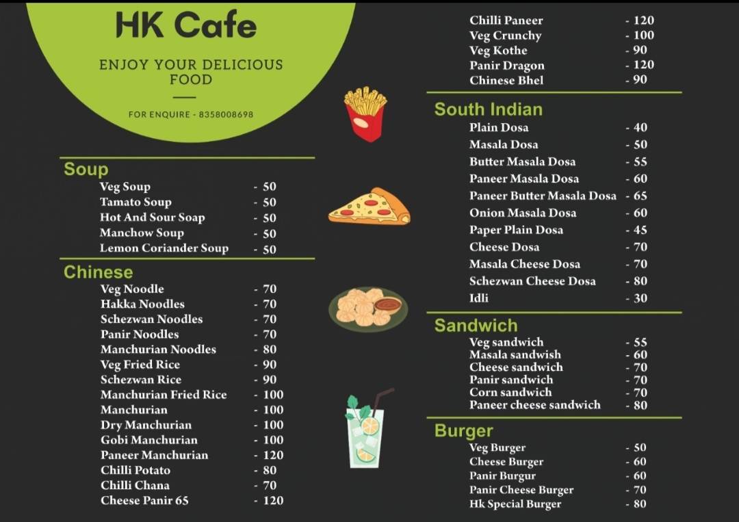 Menu at Hk cafe, Sagar