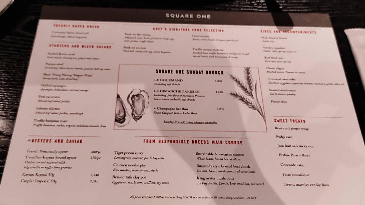 Menu at Square One restaurant, Ho Chi Minh City, 2 Công trường Lam Sơn