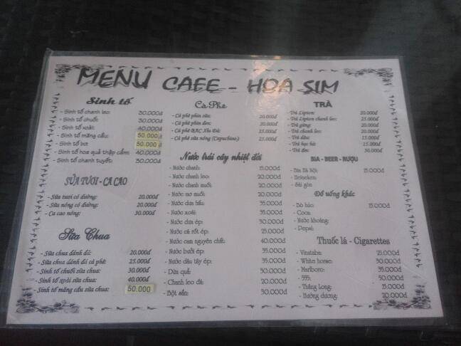 Menu at Hoa Sim Restaurant, Lang Son