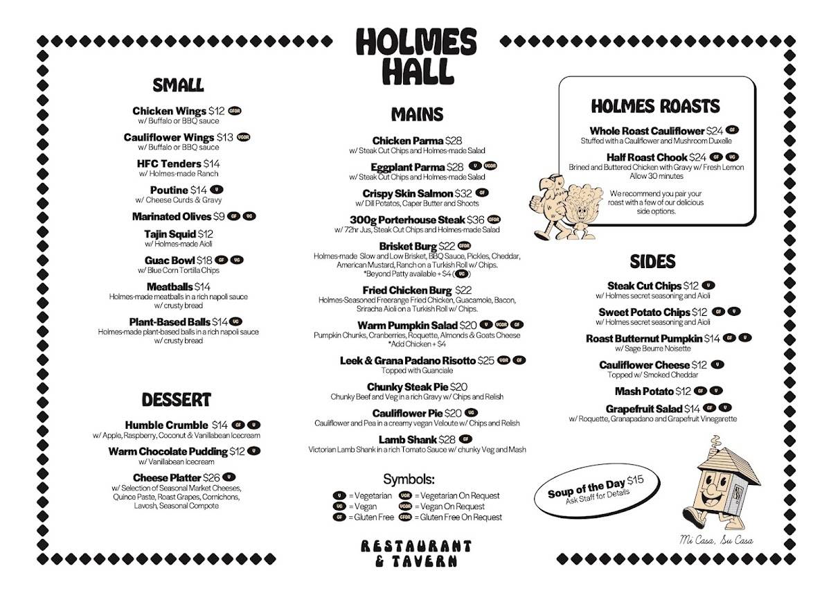 Carta del restaurante Holmes Hall, Moonee Ponds