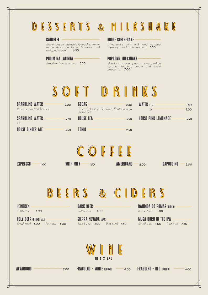 Menu em Holy Sandwich Shop restaurante, Porto