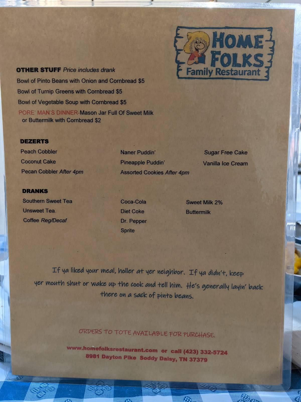 Menu at Home Folks Family Restaurant, Soddy-Daisy
