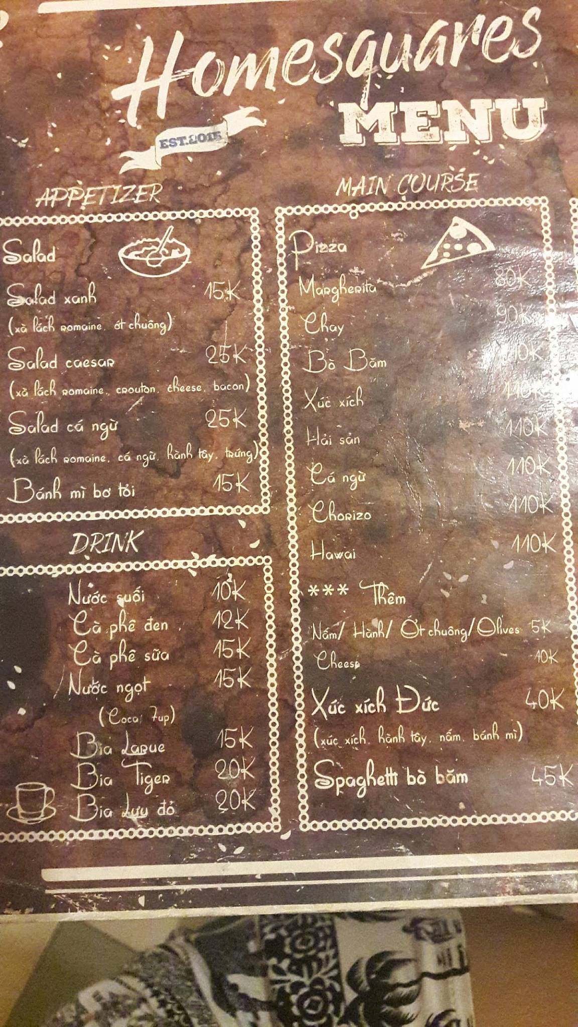 Menu at Home Squares Pizza Pasta restaurant, Da Nang