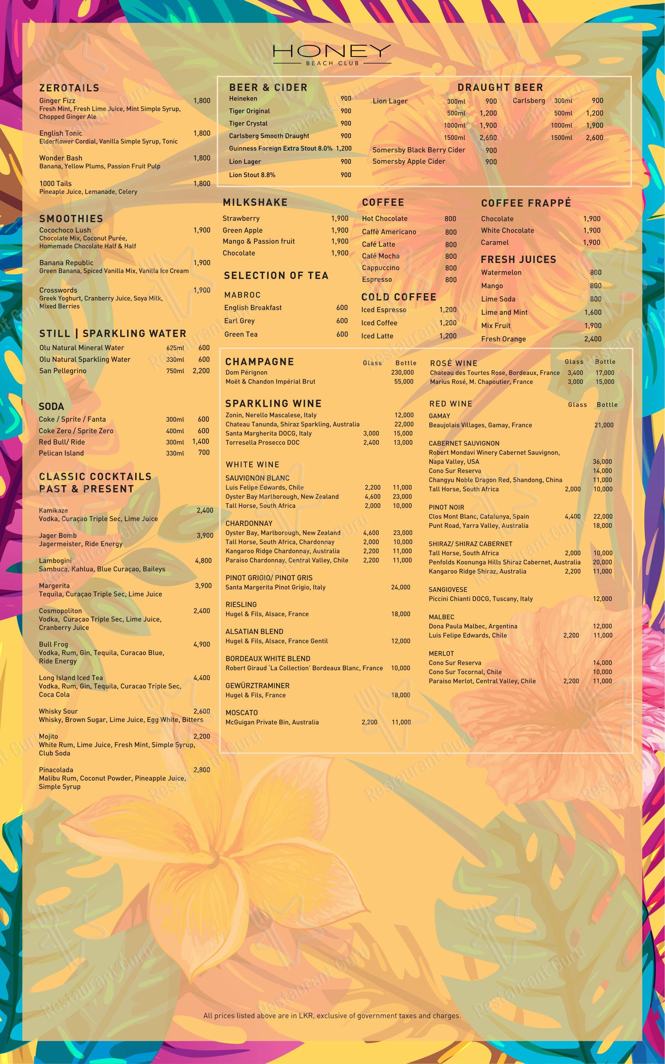 Menu at Honey Beach Club, Colombo