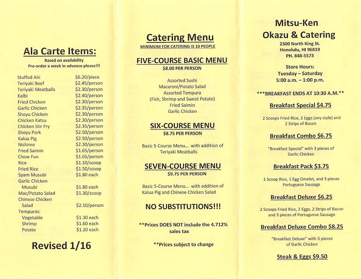 Menu at Mitsu-Ken fast food, Honolulu, N King St
