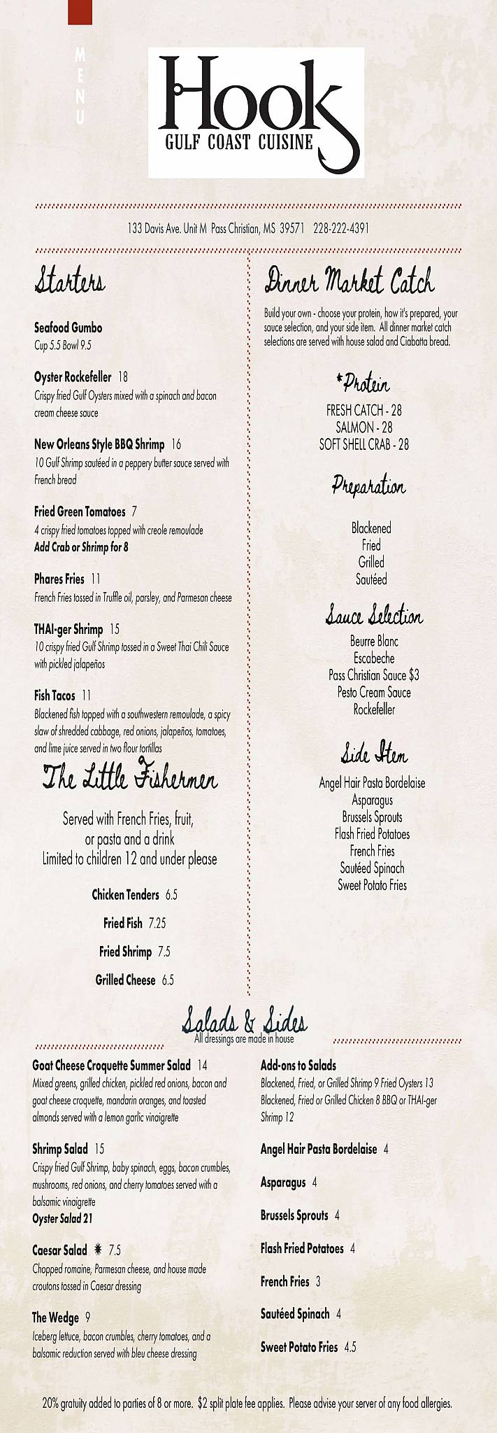 Menu at Hook Gulf Coast Cuisine restaurant, Pass Christian