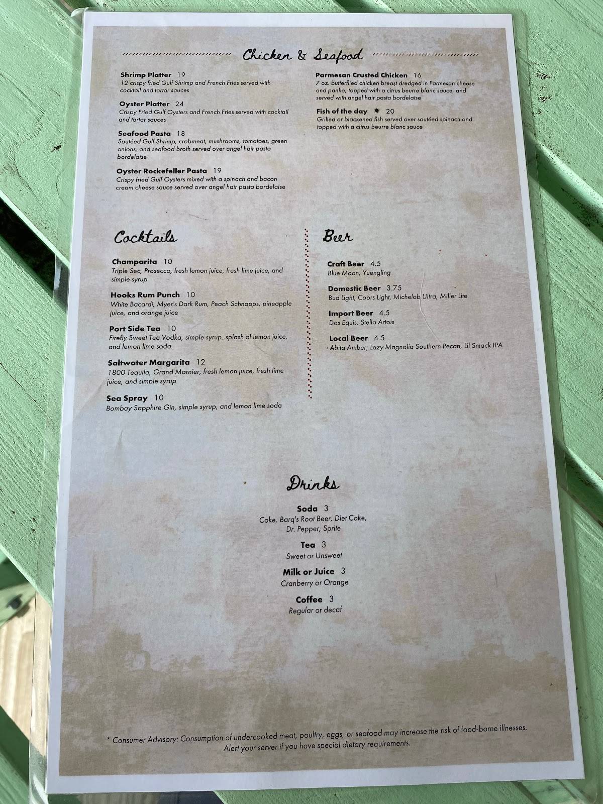 Menu at Hook Gulf Coast Cuisine restaurant, Pass Christian