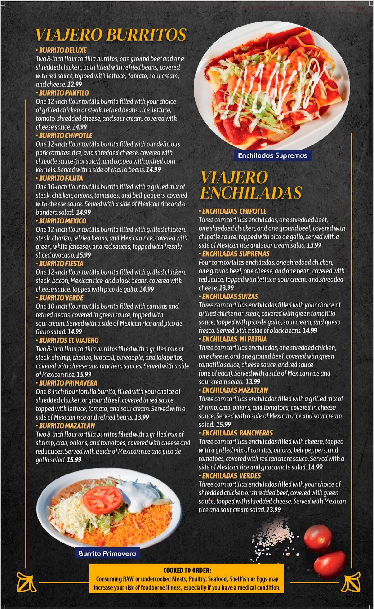 Carta del pub y bar El Viajero Tradicional Mexicano, Hooksett