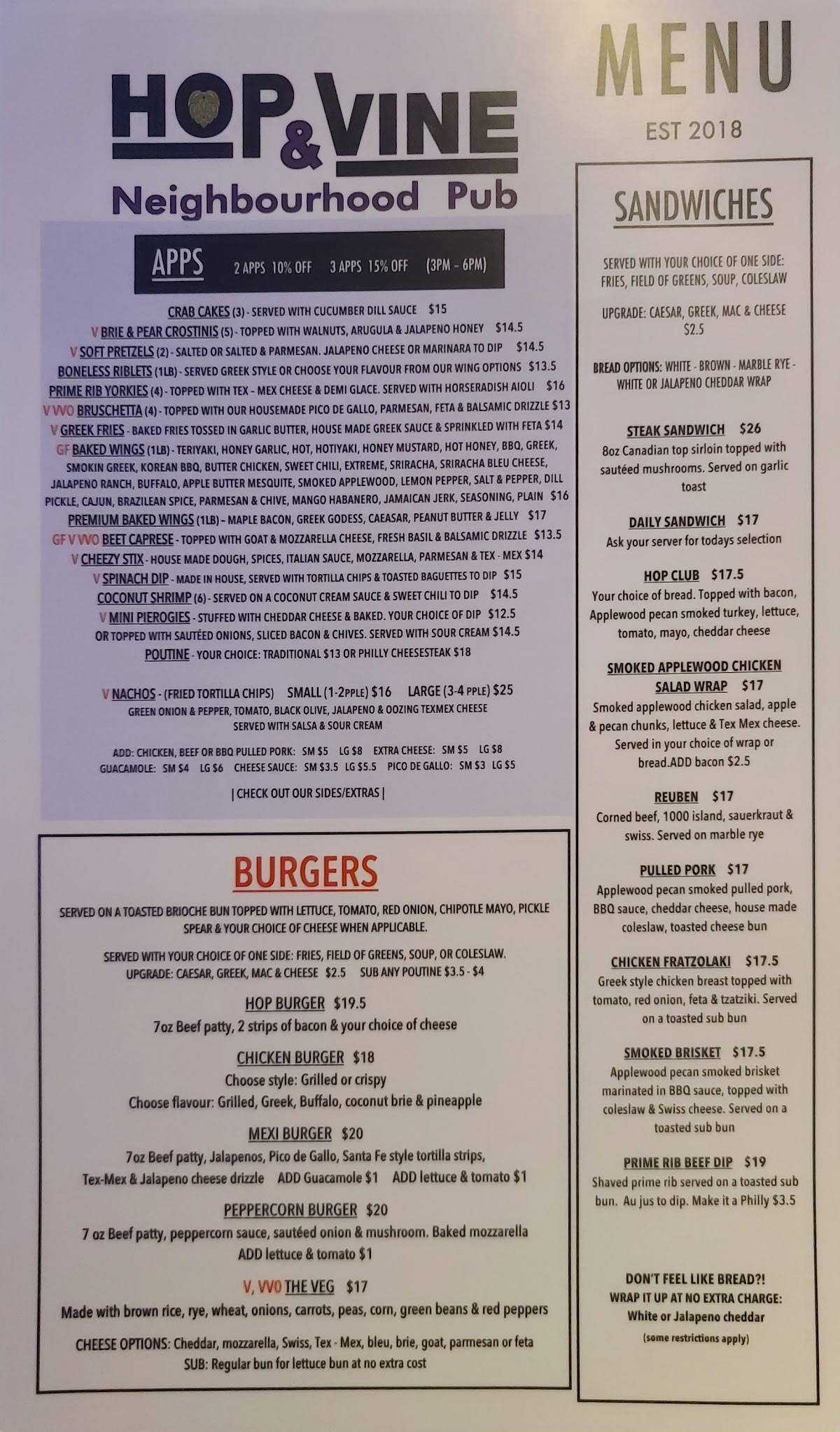 Menu at Hop & Vine Neighbourhood Pub, Regina