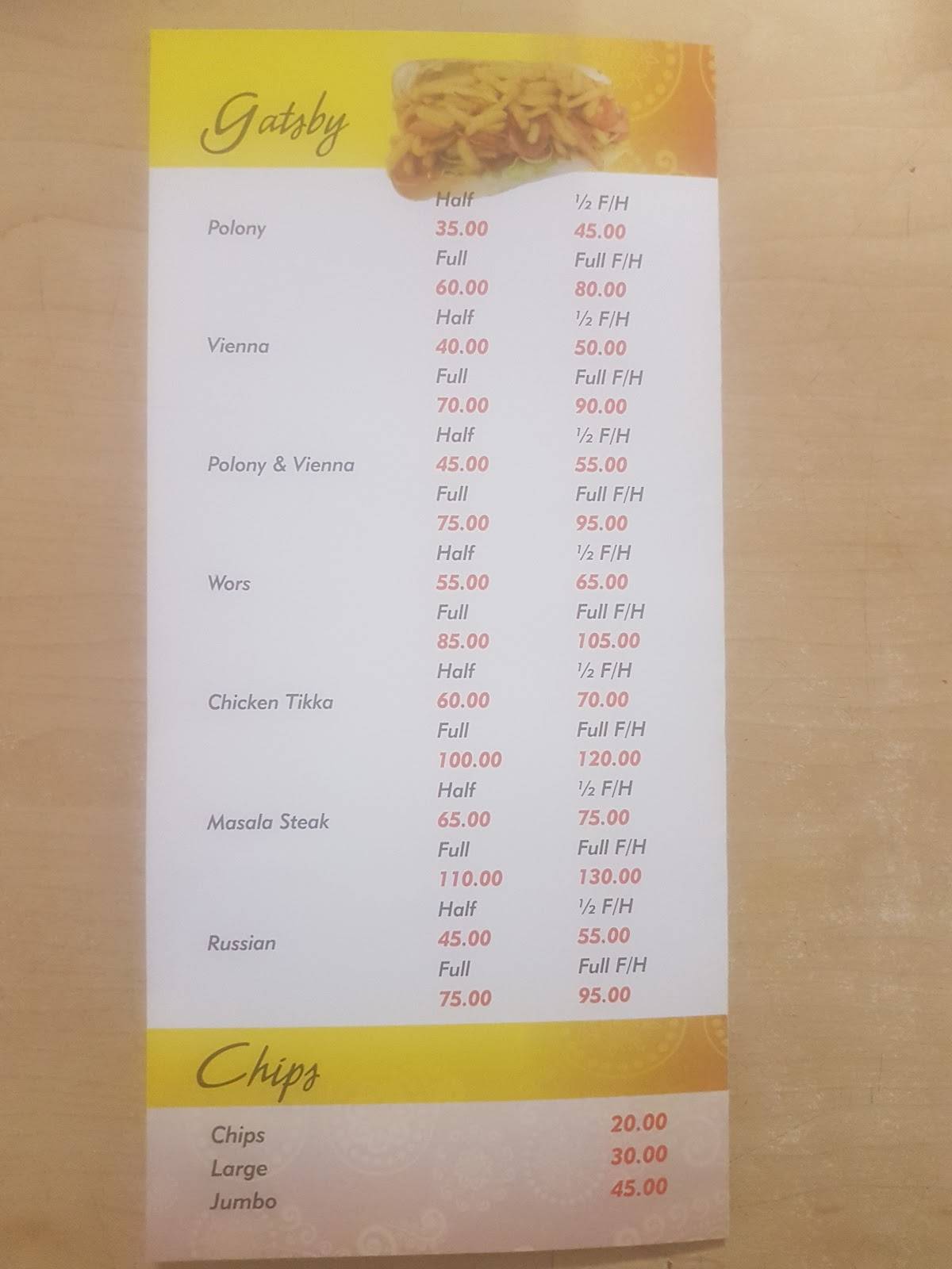Menu at Hot Stuff restaurant, Cape Town, Carlton Rd