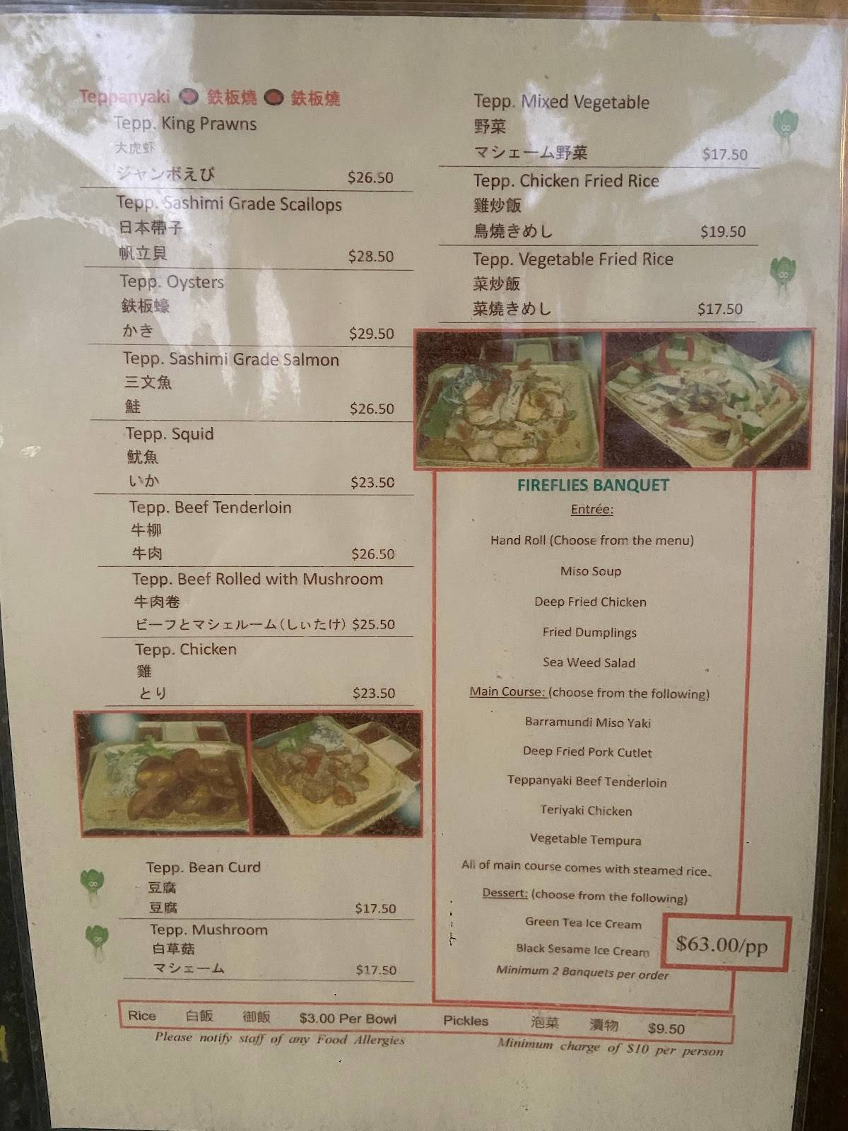 Menu at Hotaru Japanese Restaurant, Adelaide
