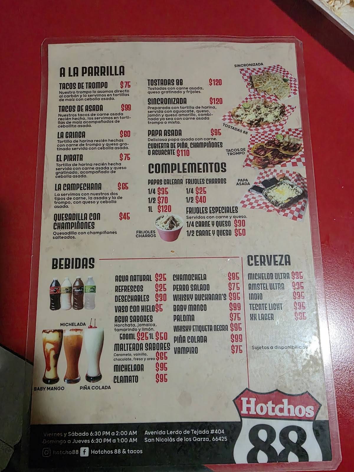 Menu at Hotchos 88 restaurant, San Nicolás de los Garza