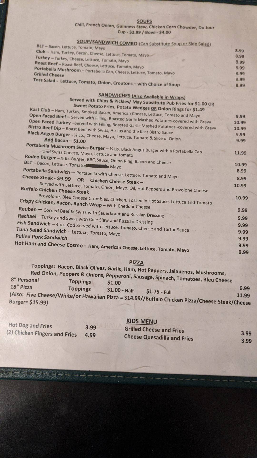 Menu at Hotel Kast pub & bar, Williamsport, 723 Arch St #5617