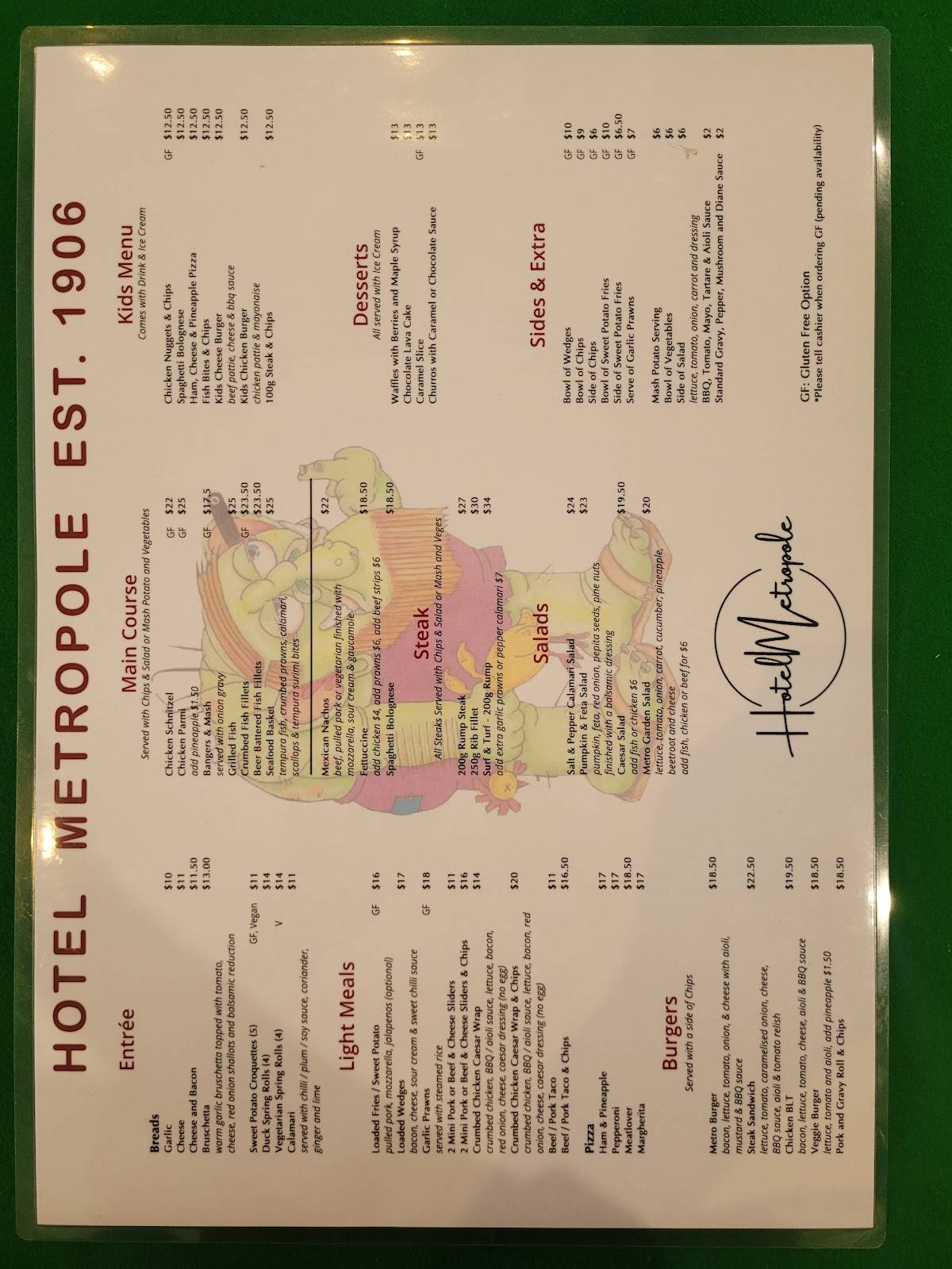 Menu at Hotel Metropole restaurant, Ipswich, 253 Brisbane St