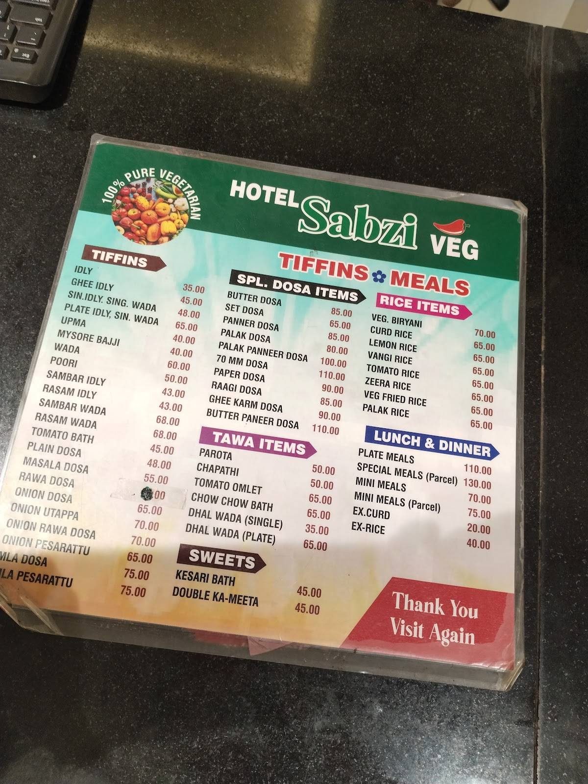 Menu at Hotel Sabzi, Hyderabad
