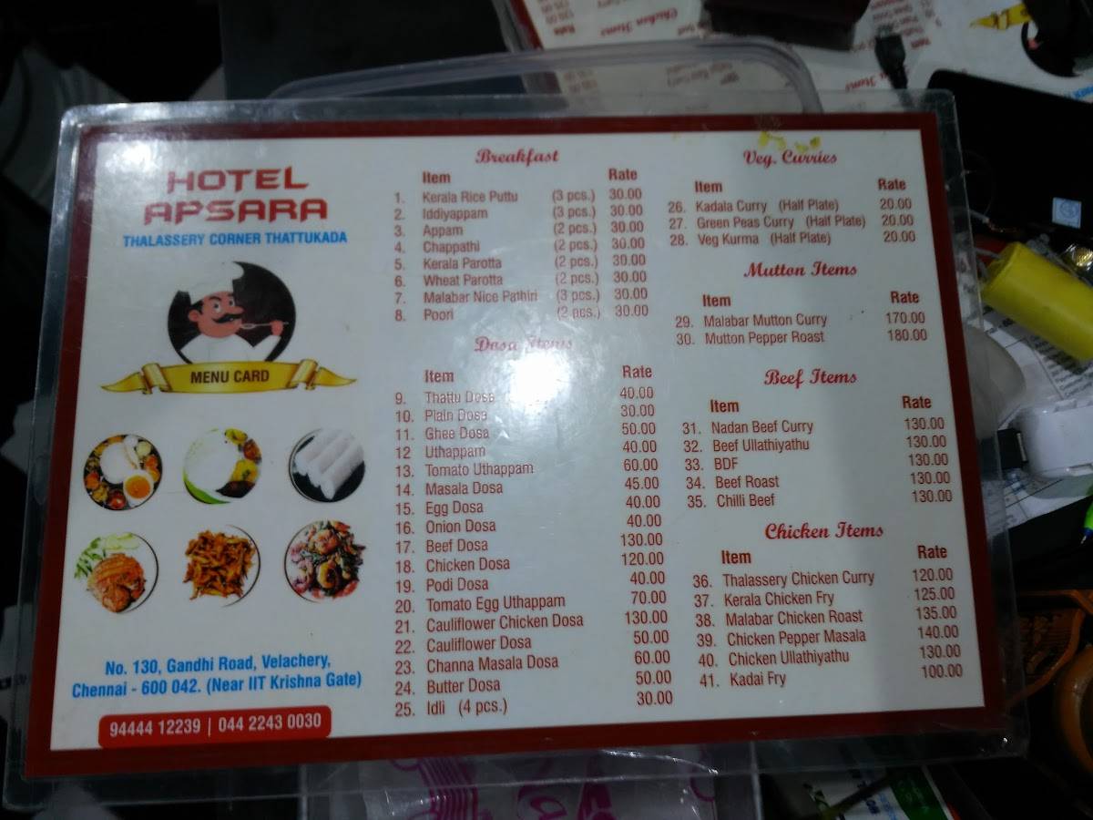 Menu at Hotel apsara Thalassery Corner Thattukada, Chennai