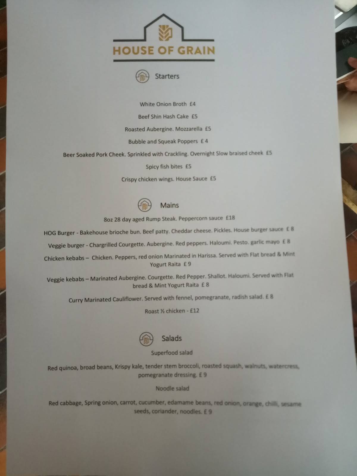 Menu at House of Grain pub & bar, Shrewsbury