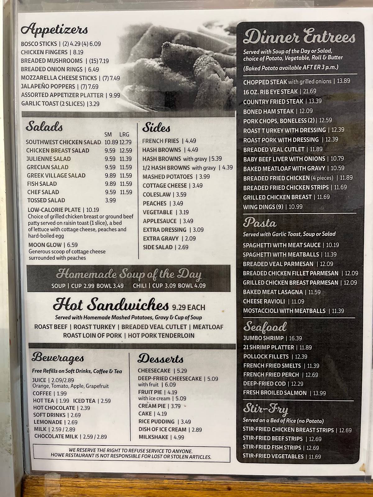 Menu at Howe restaurant, Howe, IN-9