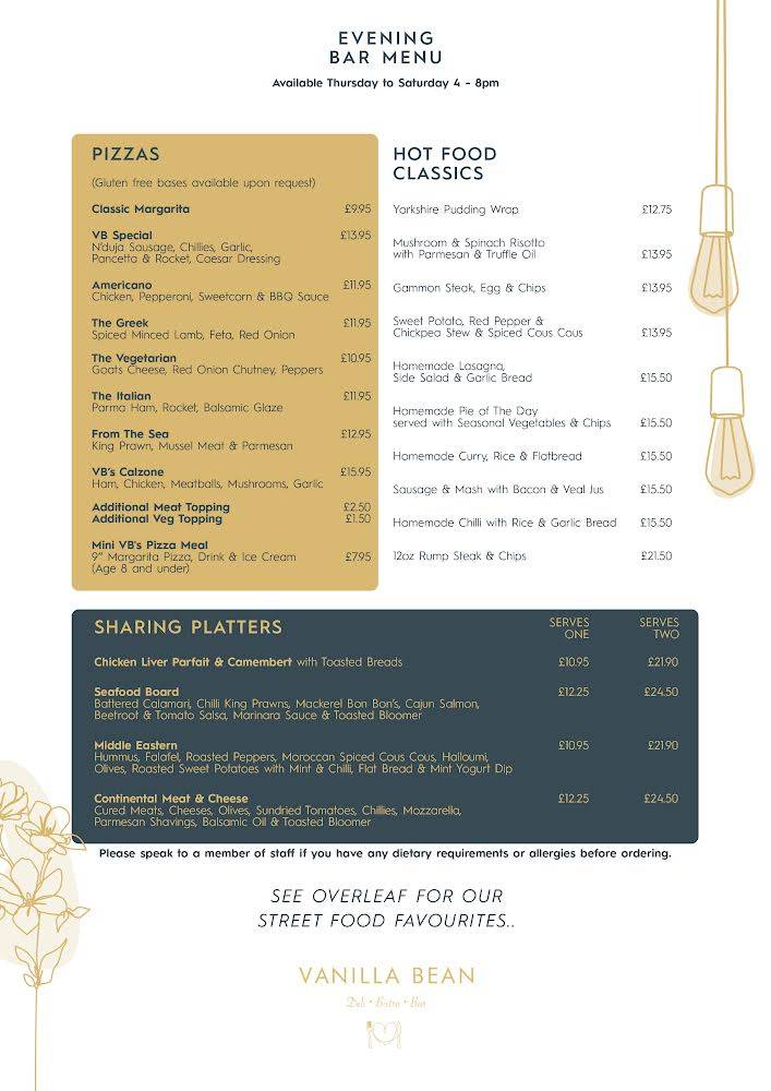 Menu at Vanilla Bean cafe, Huddersfield