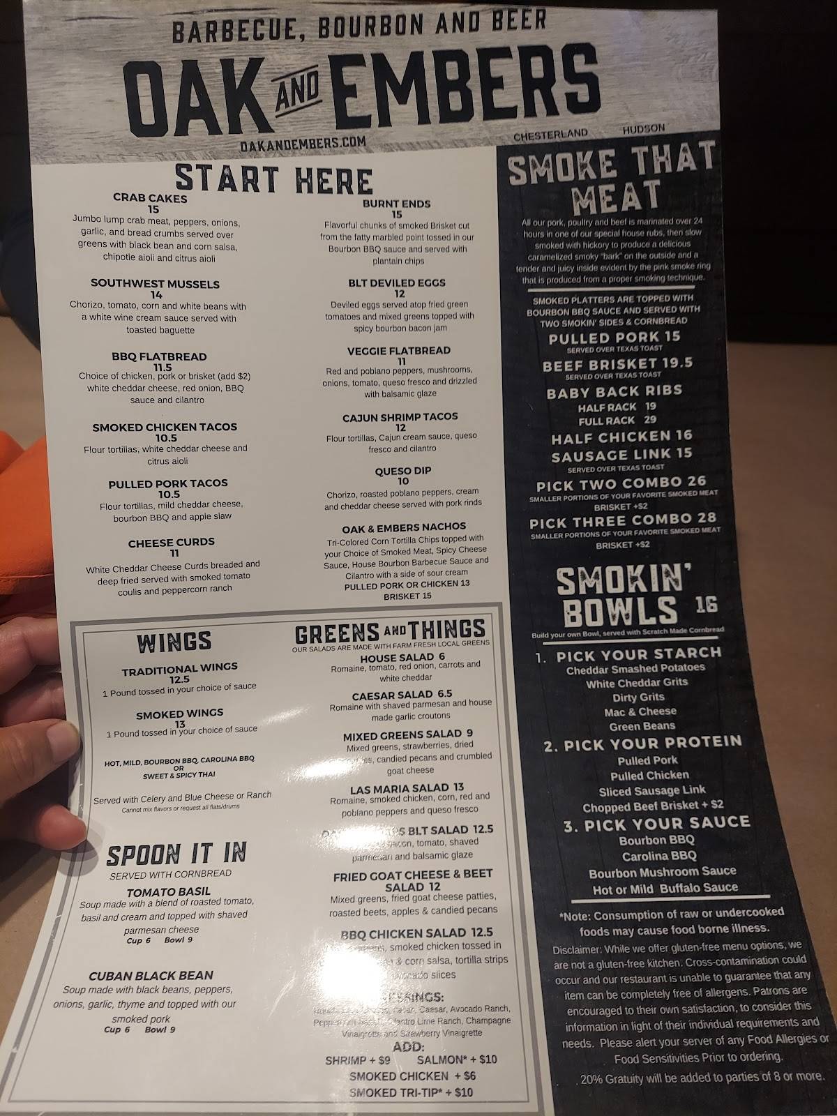 Menu at Oak and Embers Tavern Hudson pub & bar, Hudson