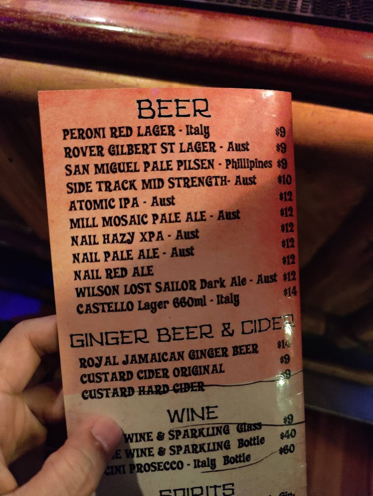 Menu at Hula Bula Bar, Perth