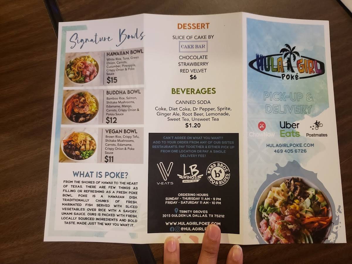 Menu at Hula Girl Poke restaurant, Dallas