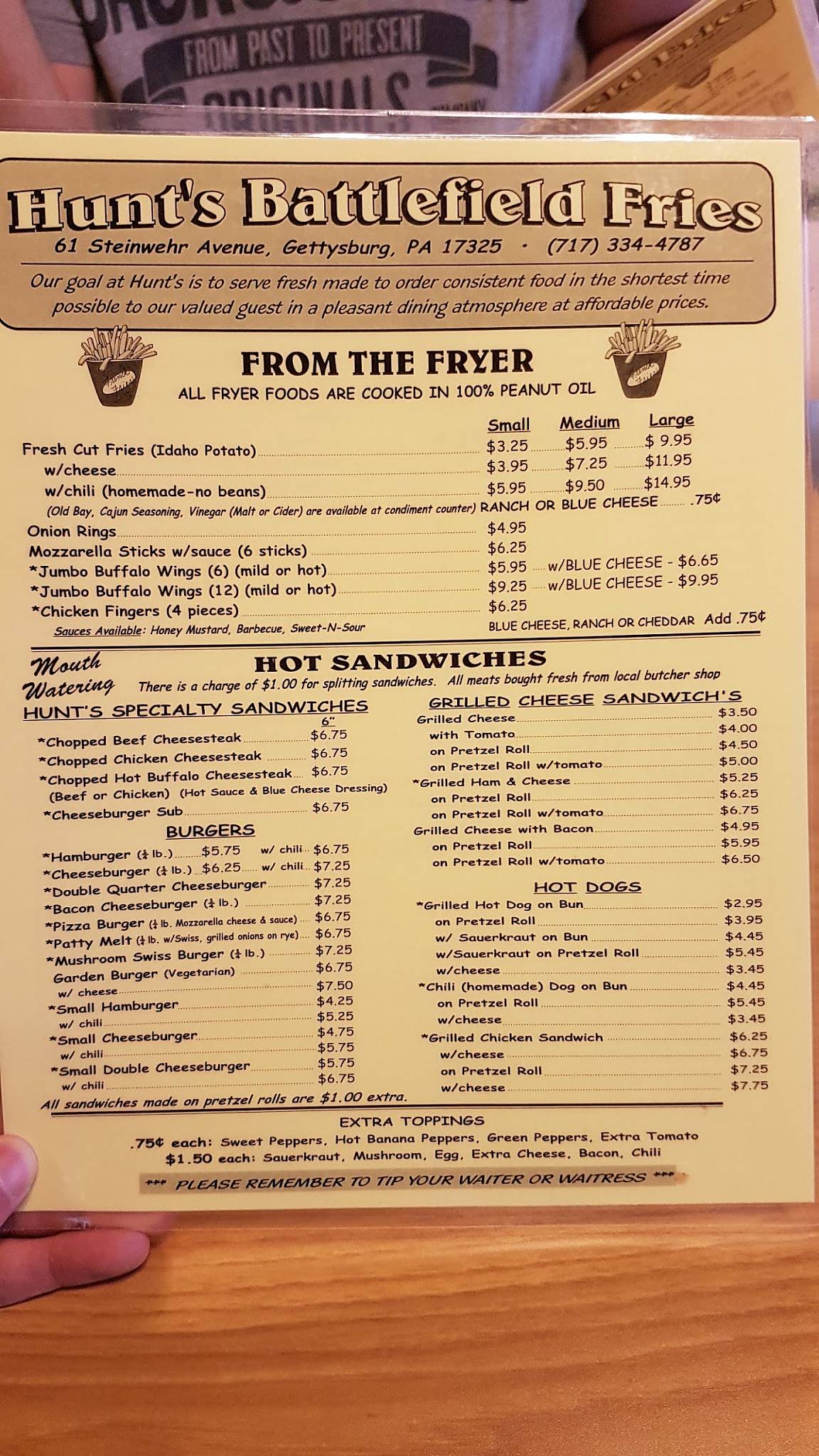 Menu at Hunt's Battlefield Fries cafe, Gettysburg