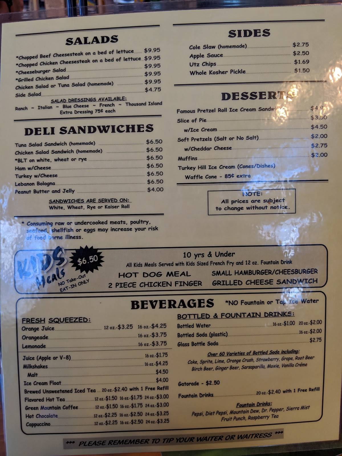 Menu at Hunt's Battlefield Fries cafe, Gettysburg