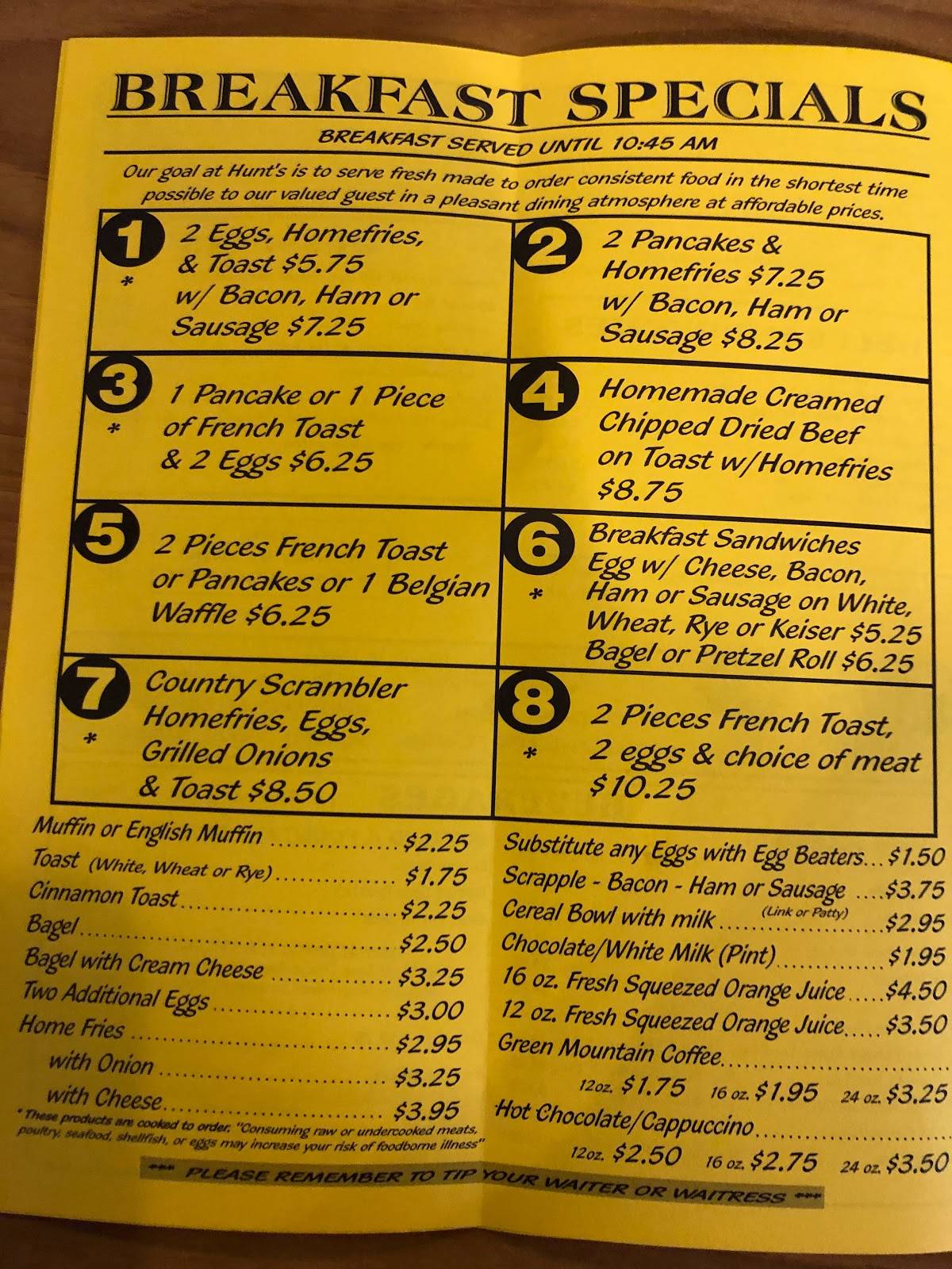 Menu at Hunt's Battlefield Fries cafe, Gettysburg