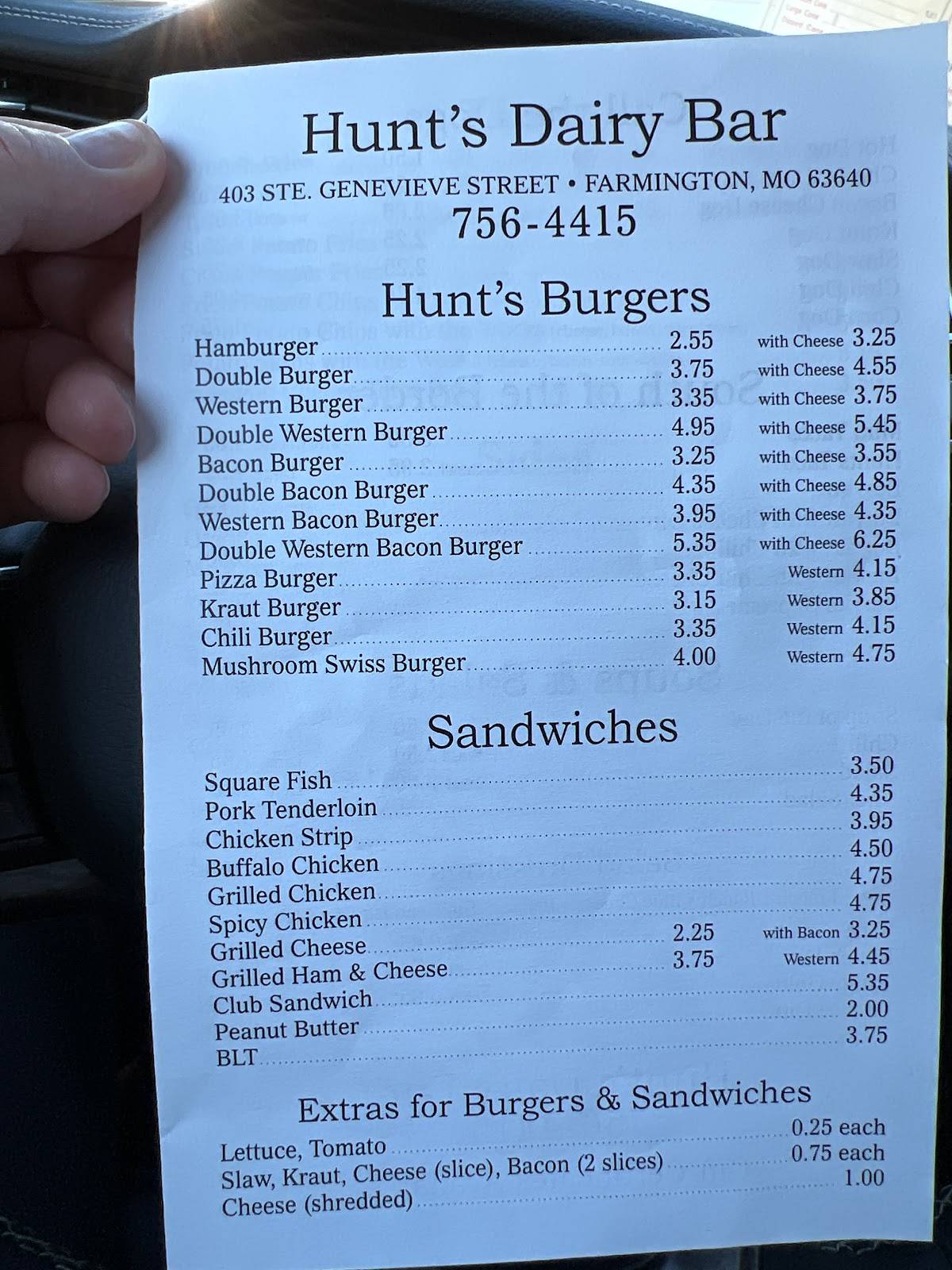 Menu at Hunt's Dairy Bar, Farmington, 403 Sainte Genevieve Ave