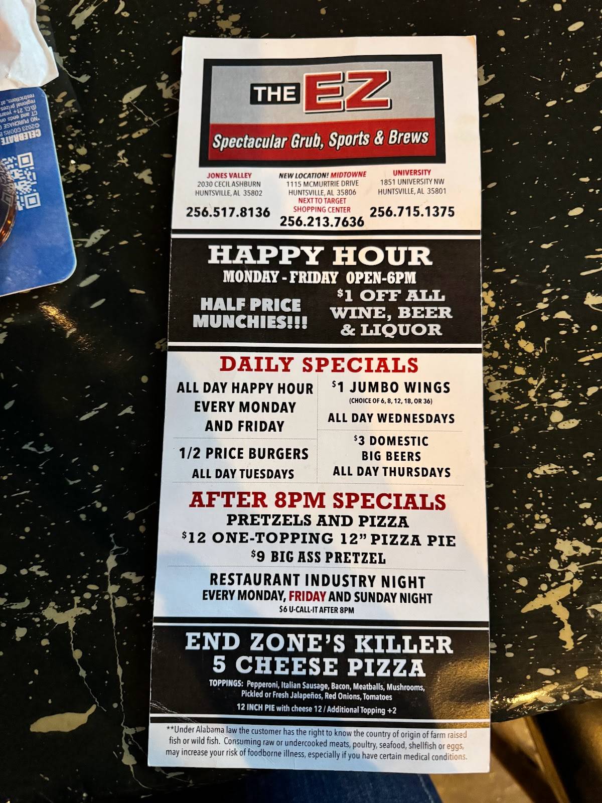 Menu at The End Zone Midtowne restaurant, Huntsville
