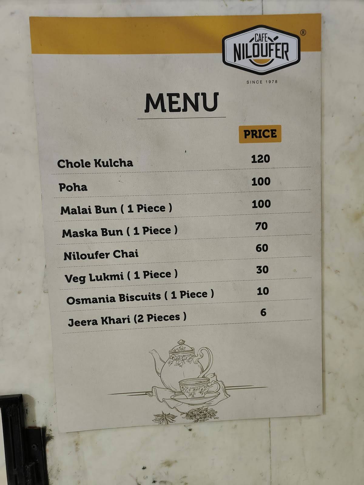 Menu at Cafe Niloufer, Hyderabad, V.P