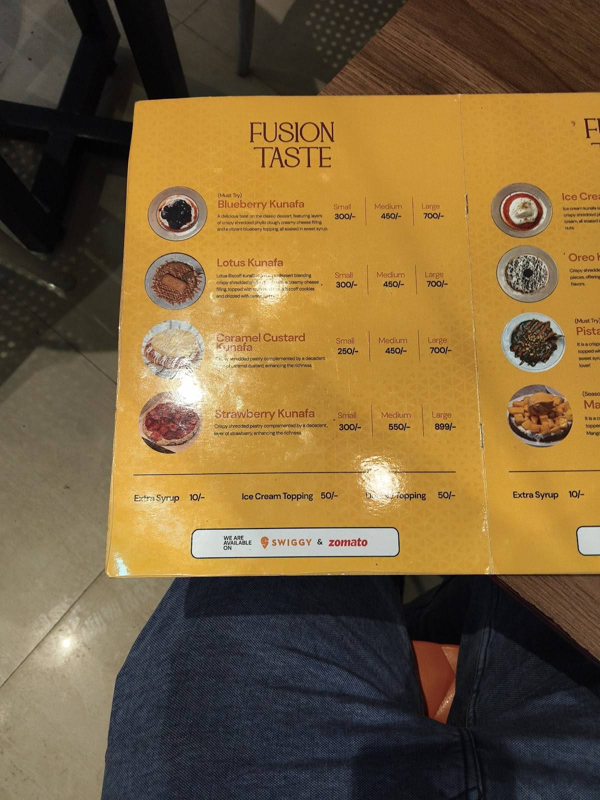 Menu at Captain Kunafa, Hyderabad, beside Sahifa Masjid Road
