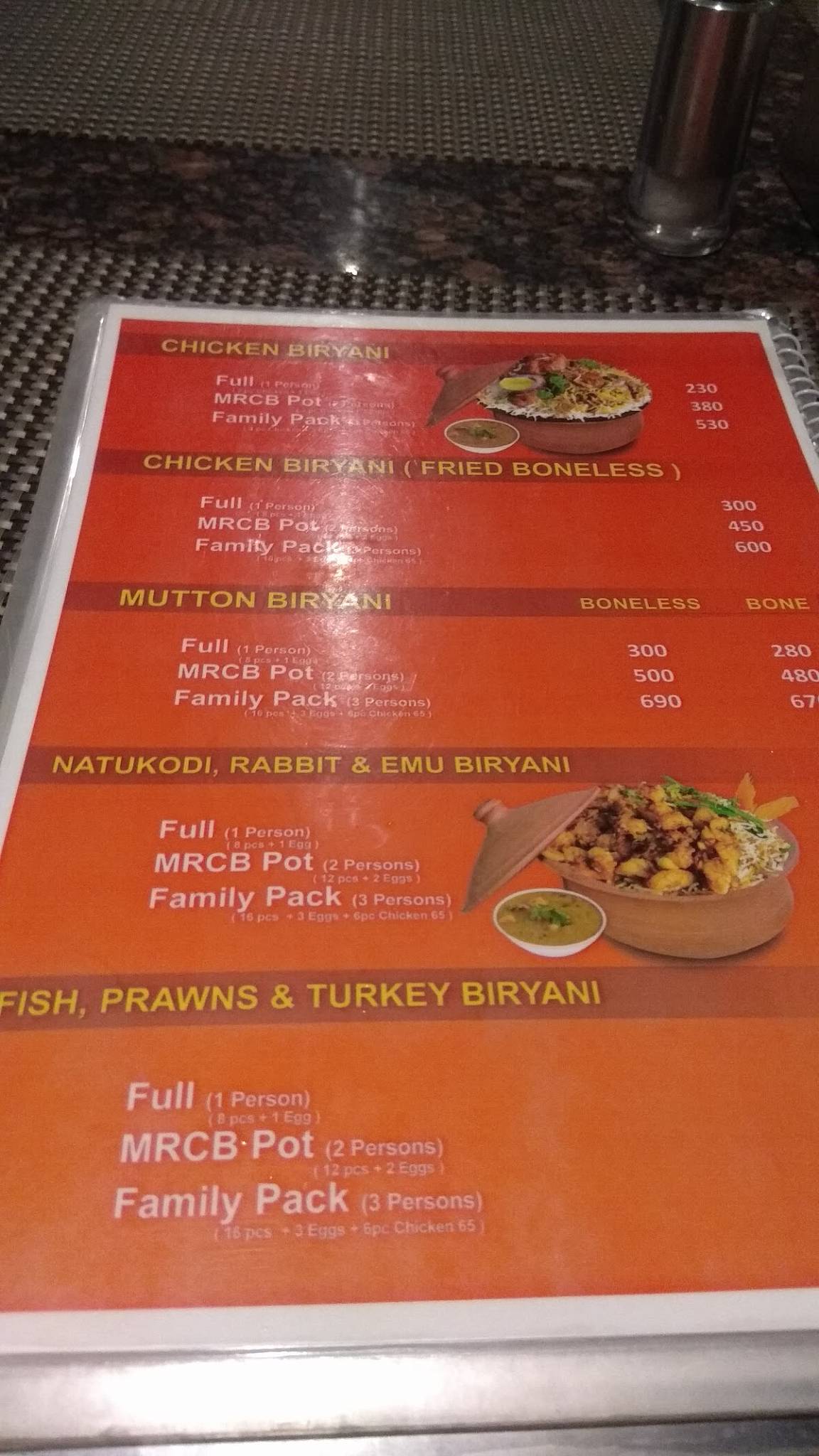 Menu at Indian Red Chillies, Hyderabad, MIG-45