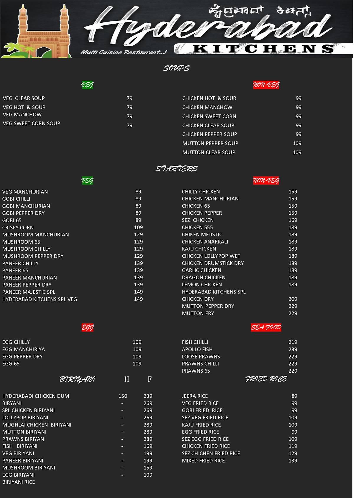 Menu at Hyderabad Kitchens, Mysuru