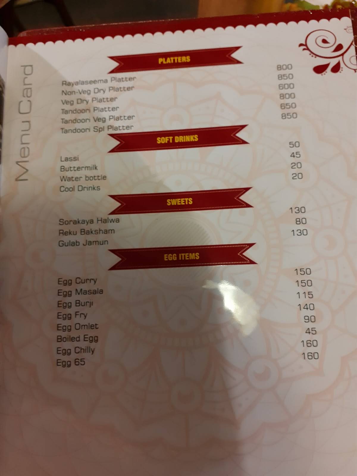 Menu at Kritunga restaurant, Hyderabad, PNR EMPIRE