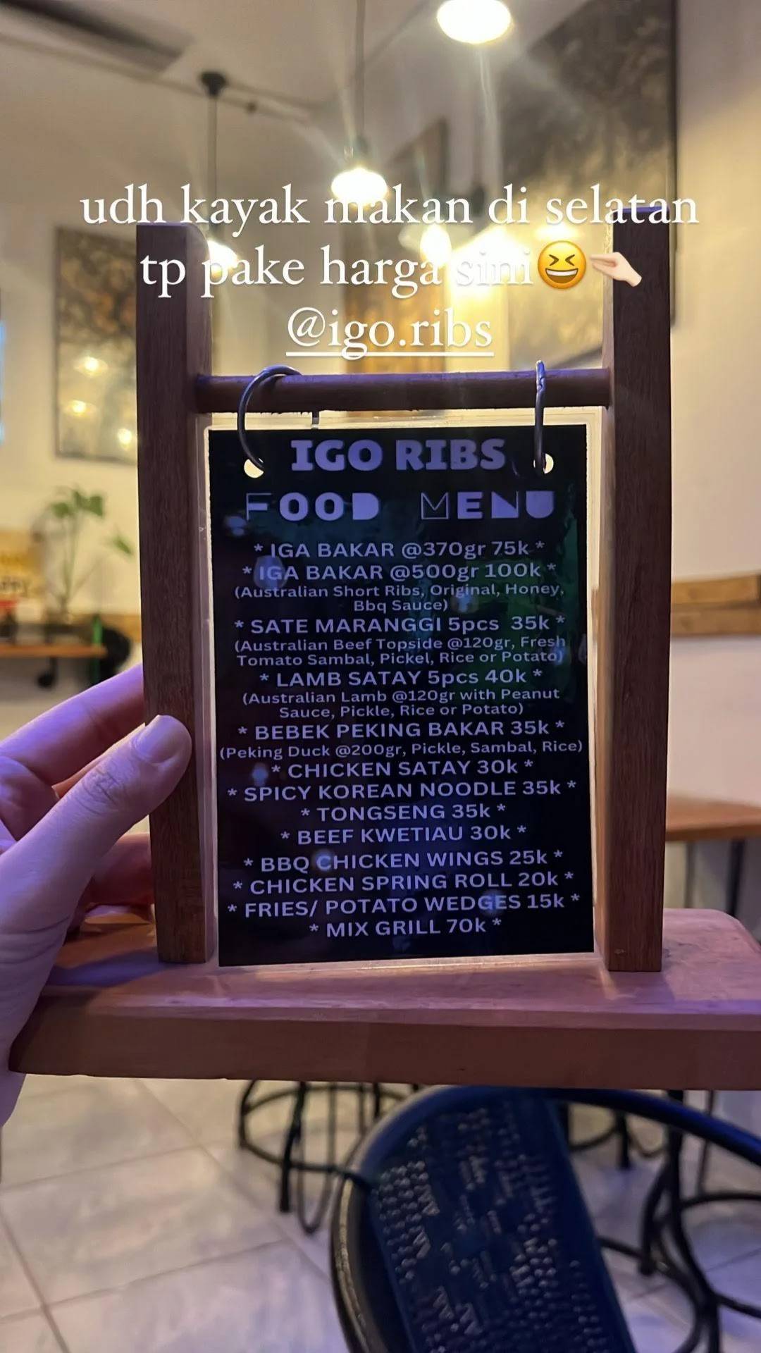 Menu at IGO RIBS restaurant, East Jakarta