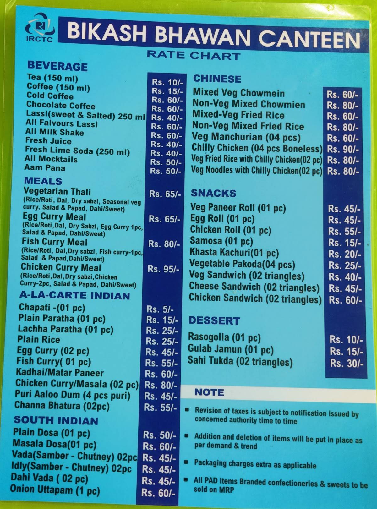 Menu at IRCTC Canteen Bikash Bhawan, Kolkata