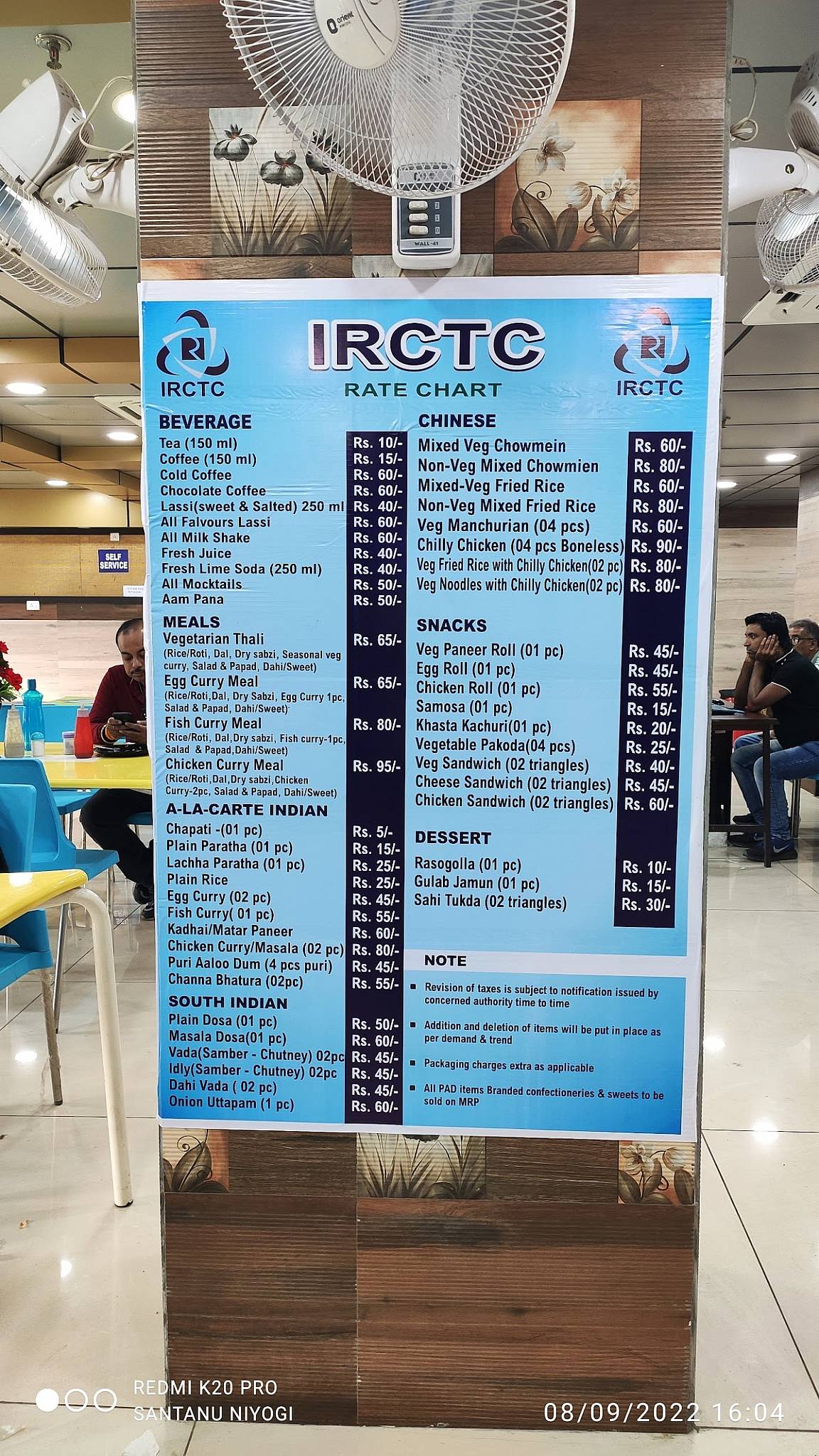 Menu at IRCTC Canteen Bikash Bhawan, Kolkata