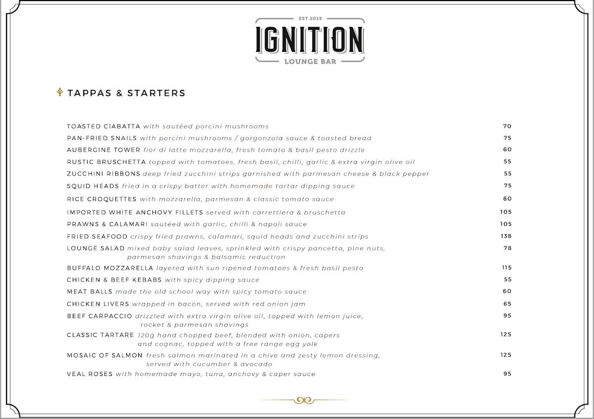 Menu at V8 Lounge & Skybar, Hartbeespoort