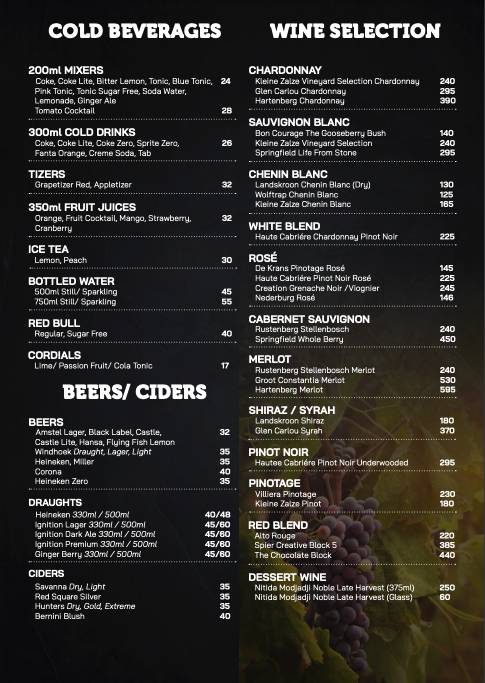 Menu at V8 Lounge & Skybar, Hartbeespoort