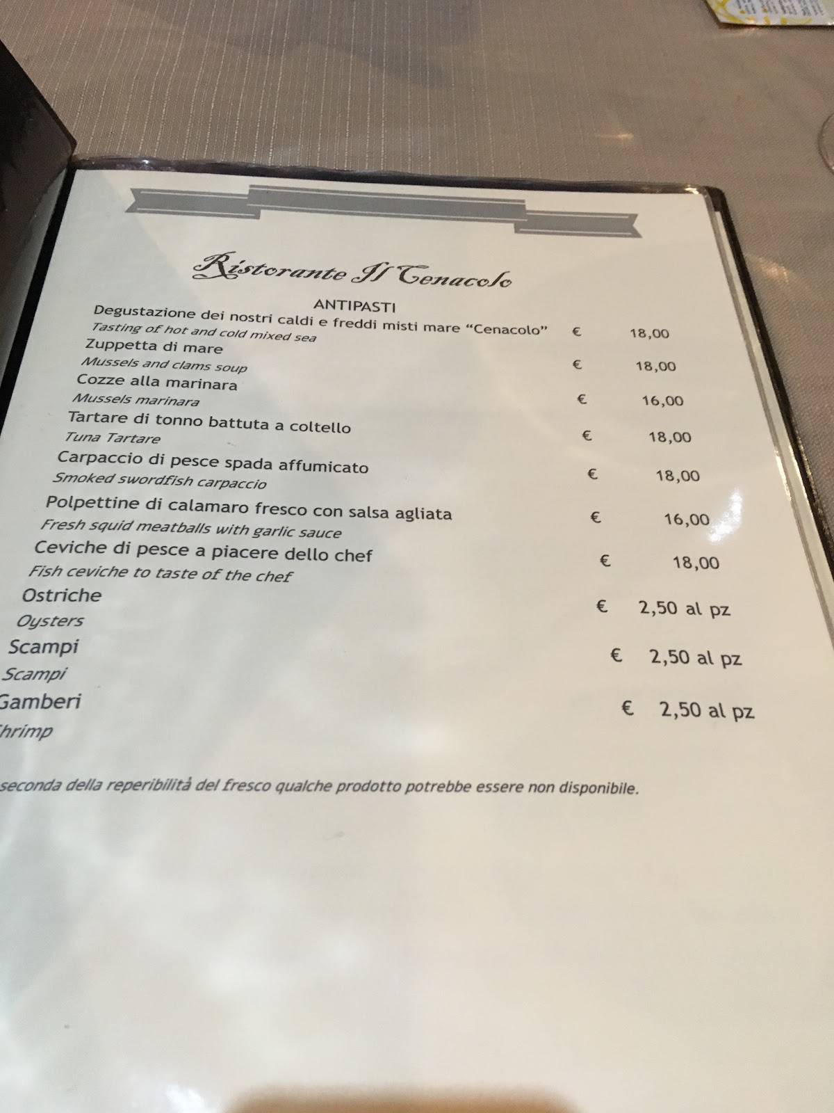 Menu da Il Cenacolo ristorante, Sassari