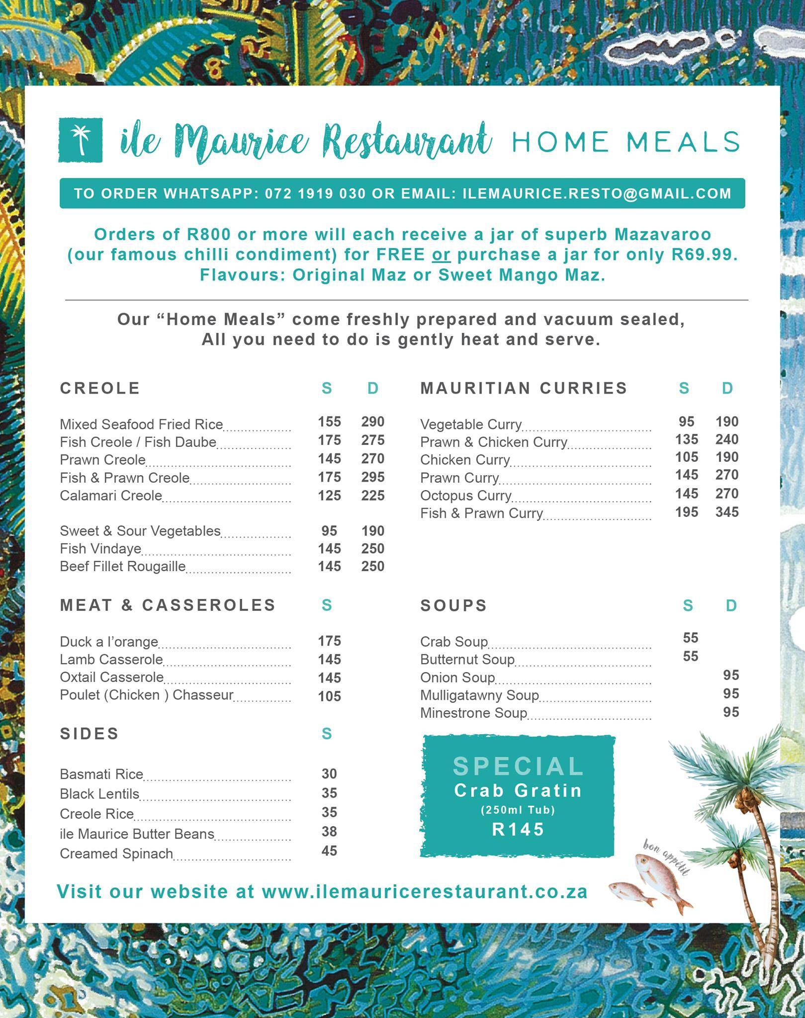 Menu at ile Maurice Home Meals and Catering restaurant, Durban