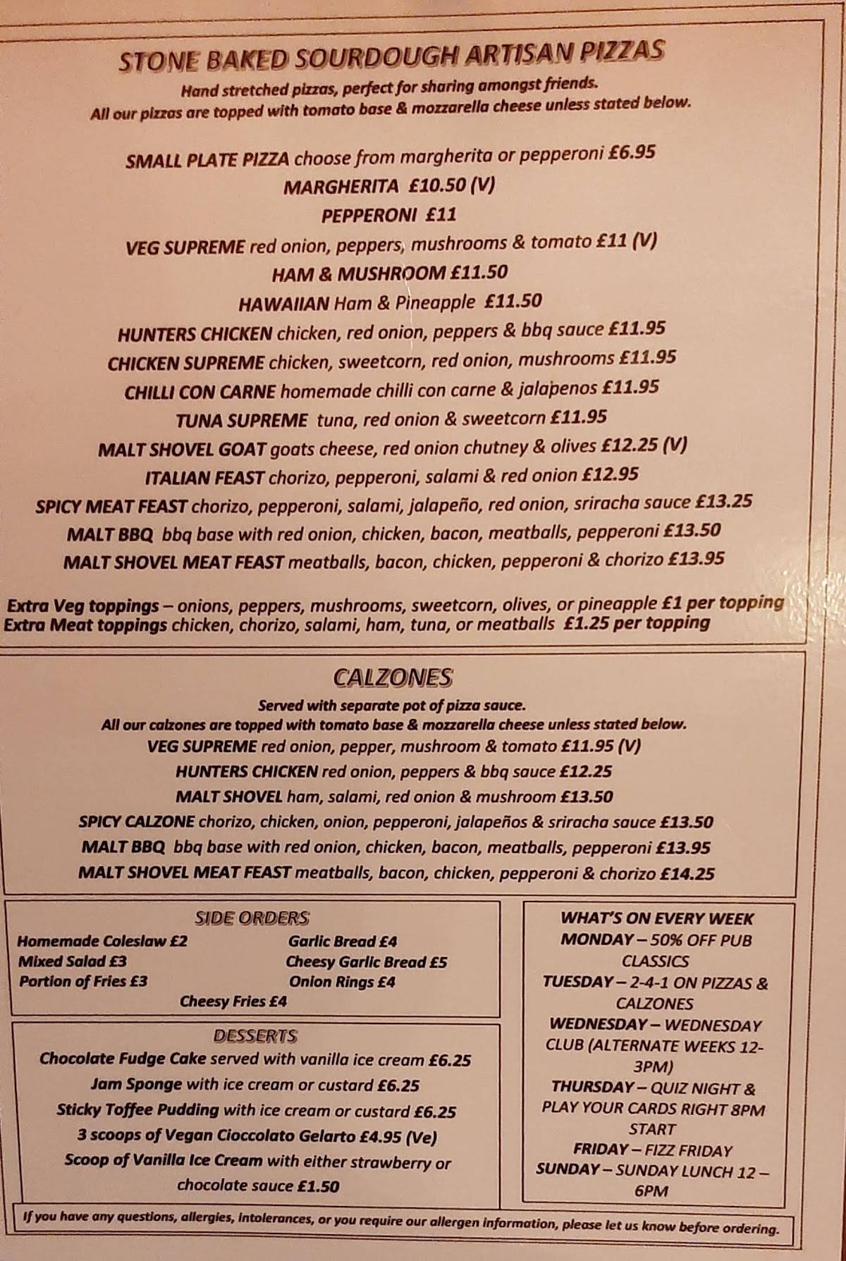 Menu at The Malt Shovel pub & bar, Ilkley, The Malt Shovel