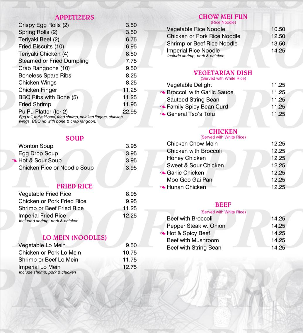 Menu at Imperial Buffet restaurant, Claremont