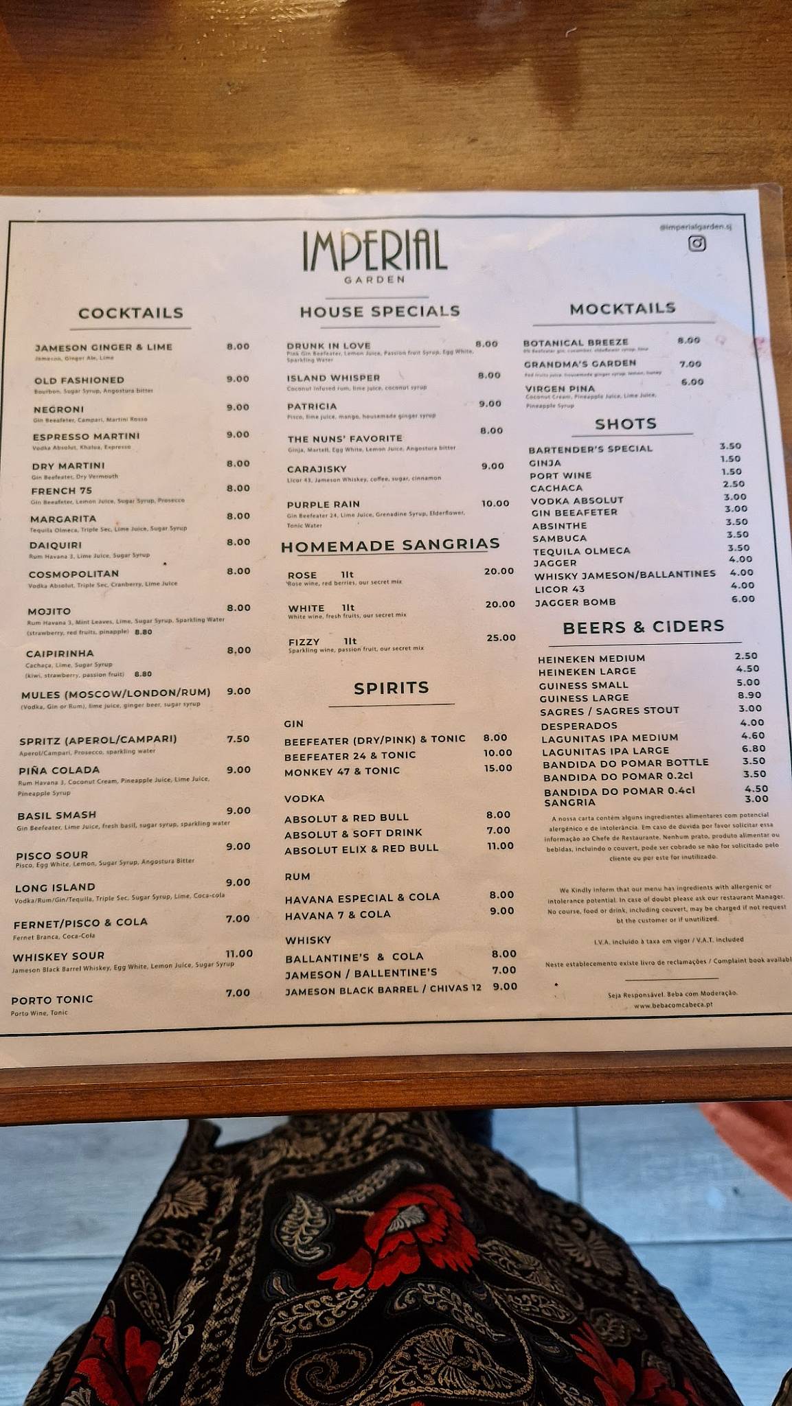 Menu at Imperial Garden pub & bar, Lisbon