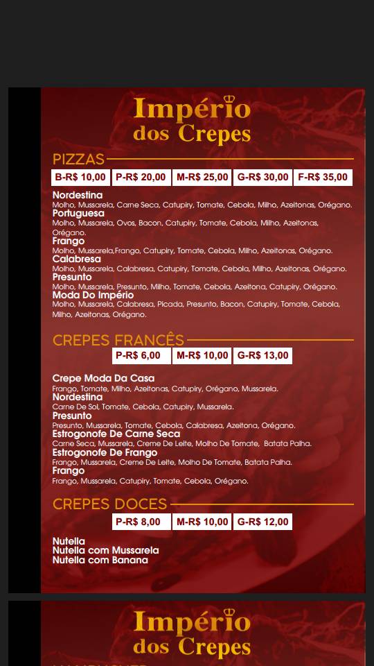 Menu em Império dos crêpes francês na chapa restaurante, Brasil