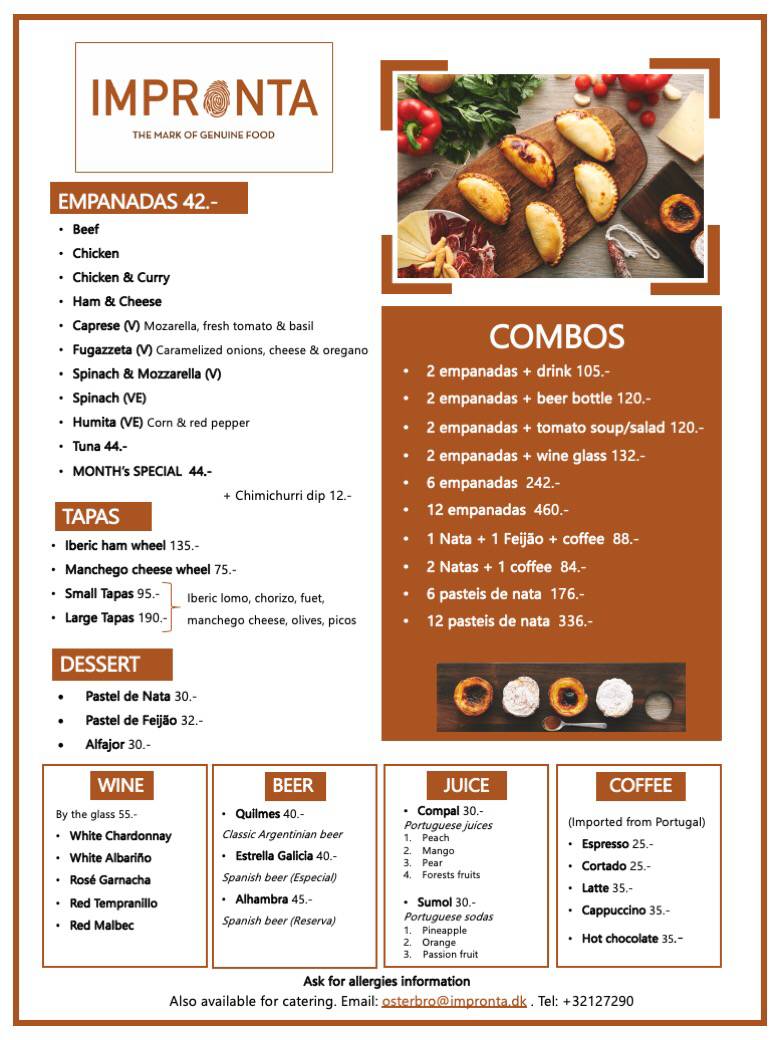 Menu at Lima Empanadas restaurant, Copenhagen
