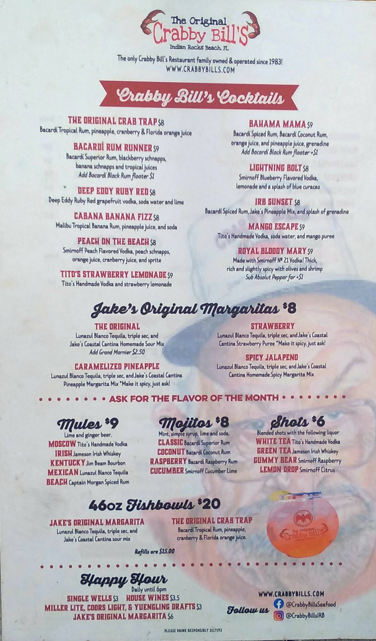Menu at The Original Crabby Bill's pub & bar, Indian Rocks Beach, 401 ...