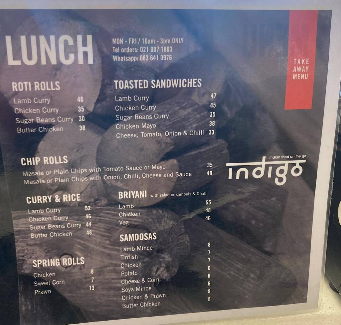 Menu at Indigo Bellville restaurant, Cape Town